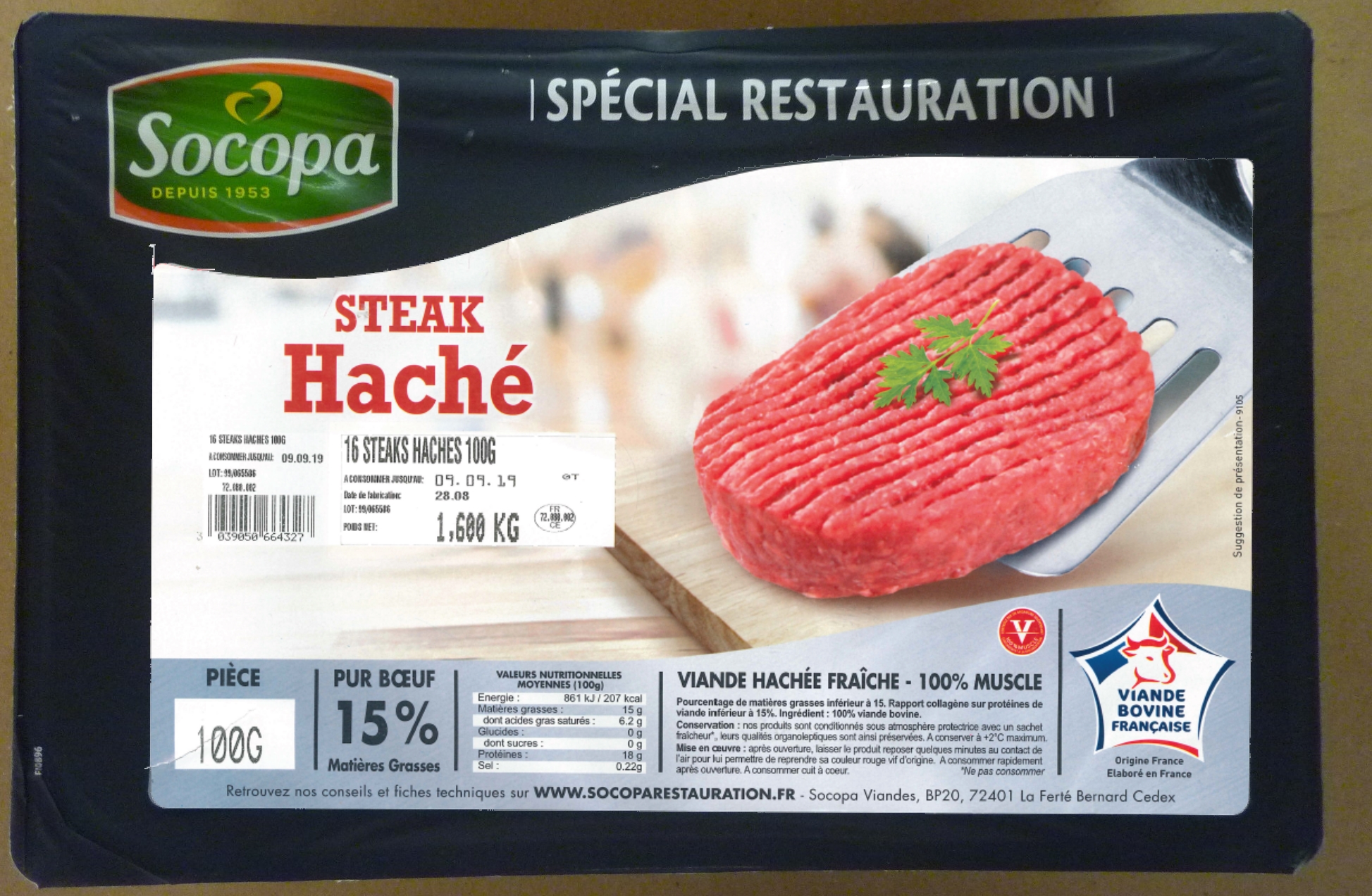 Steak haché 15%MG 100g x16 - Socopa Restauration