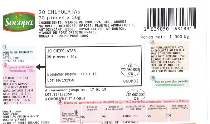 Chipolatas 50g Label Rouge BBC 1kg (sous-vide) - Socopa Restauration
