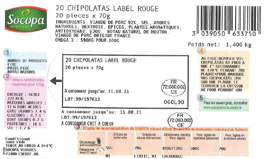 Chipolatas 70g Label Rouge 1,4kg (sous-vide) - Socopa Restauration